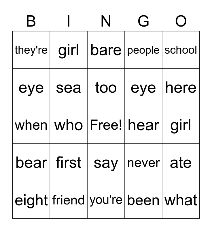 SNAP word Bingo Card