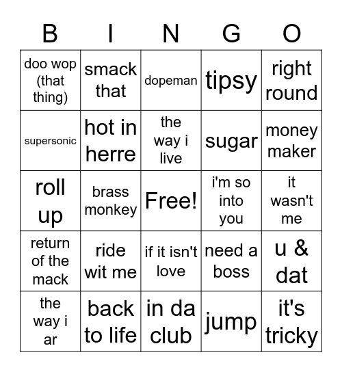 Rap/Hip Hop Bingo Card