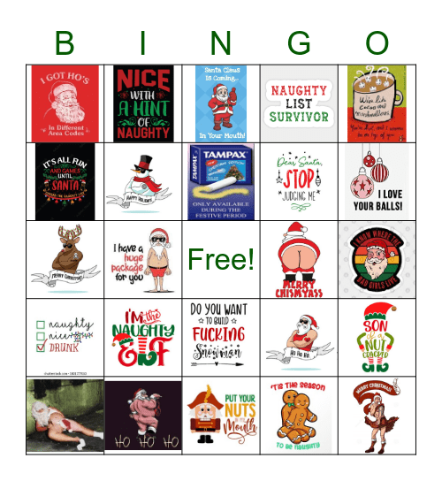 Naughty Christmas Bingo Card