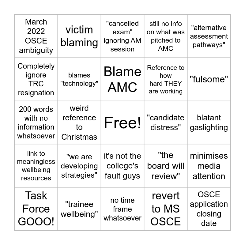 RANZCP "Update" Email Bingo Card