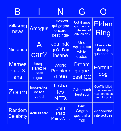 Game awards Bingo Card