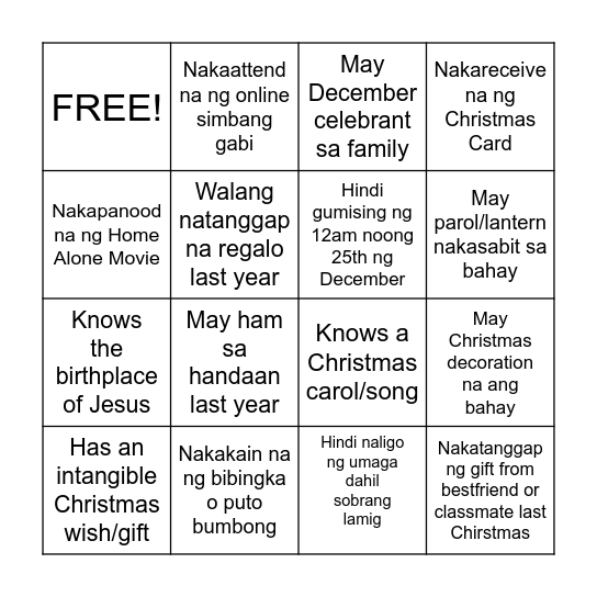 Pinoy Christmas Bingo Card