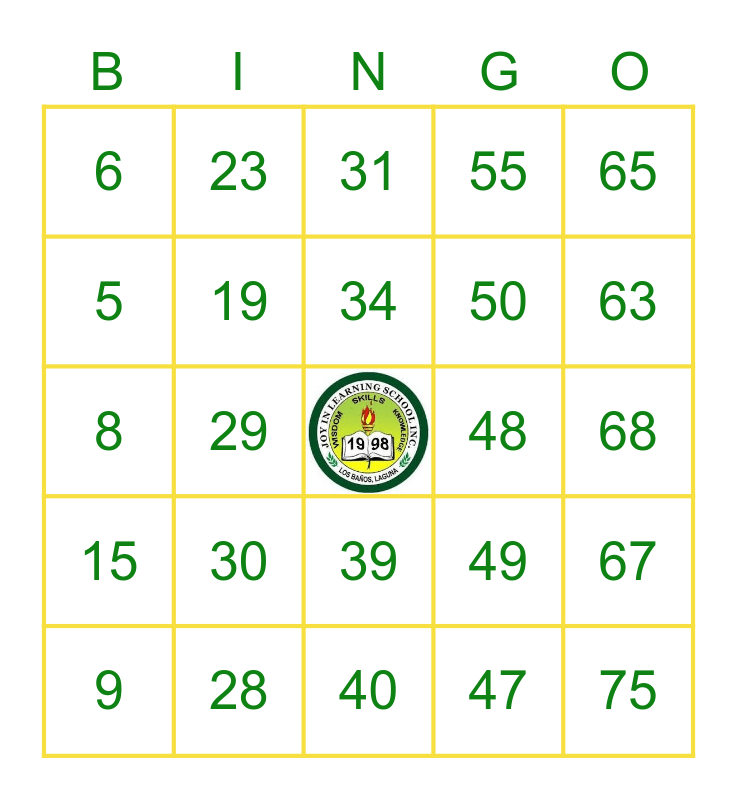 Joy In Learning School Bingo Card