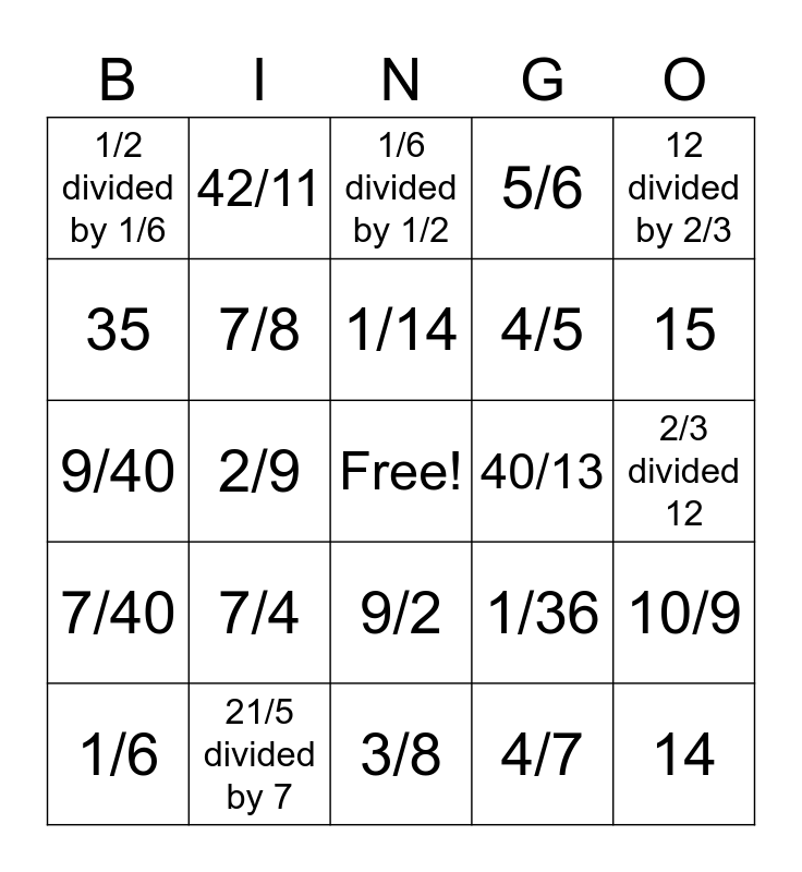 Dividing Fractions Bingo Card
