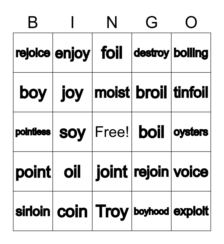 /oi/ and /oy/ Words Bingo Card