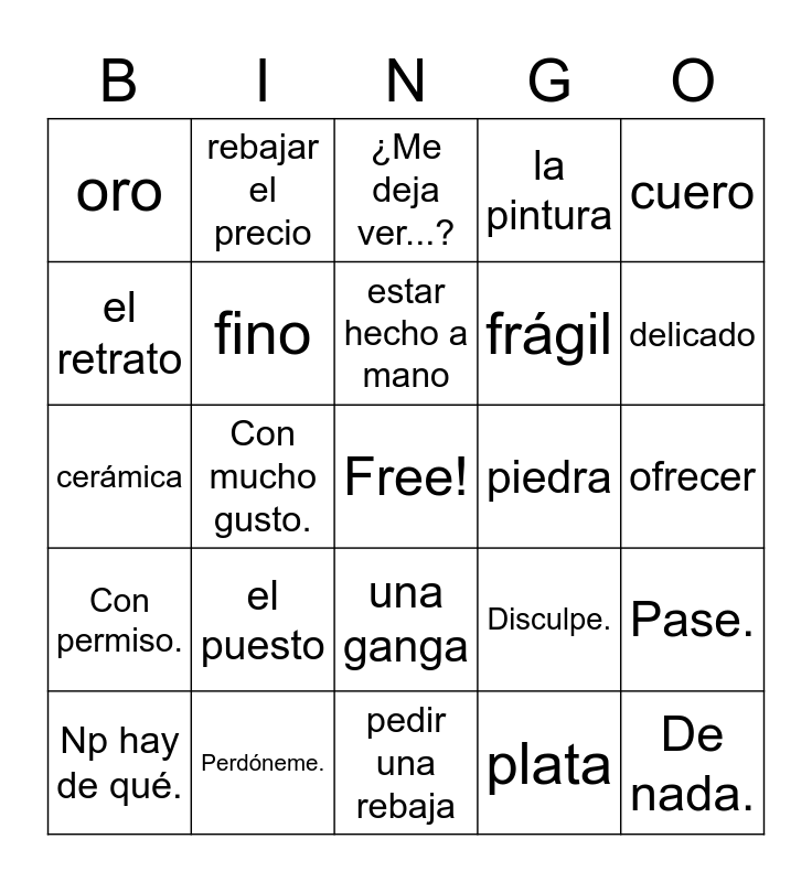 Unidad 3.2 Avancemos 2 Bingo Card
