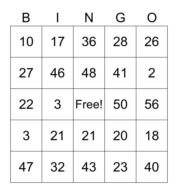Numbers 1-57 Bingo Card