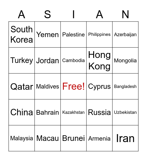 Asia Bingo Card
