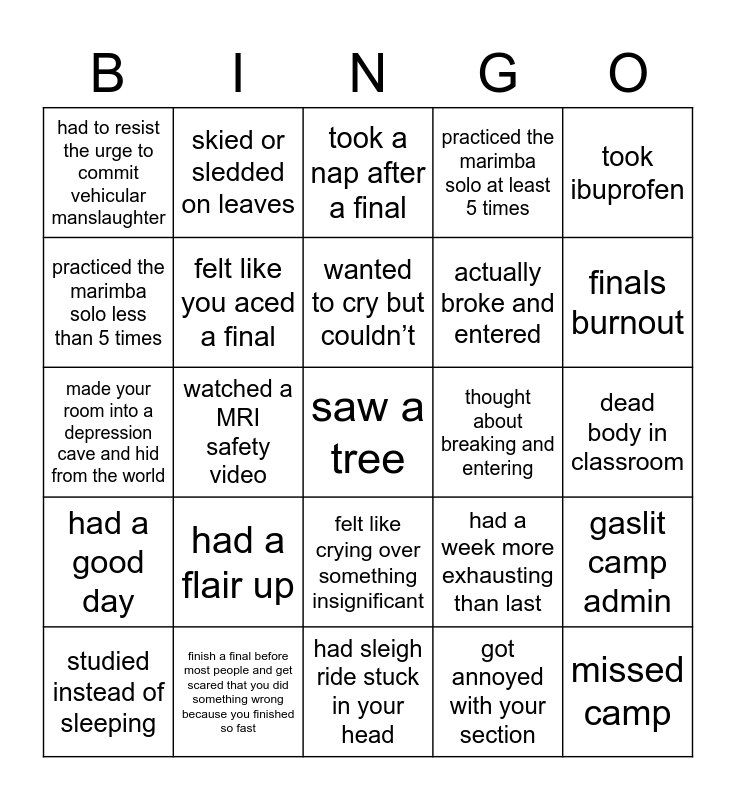 bingo week of 12/12 Bingo Card