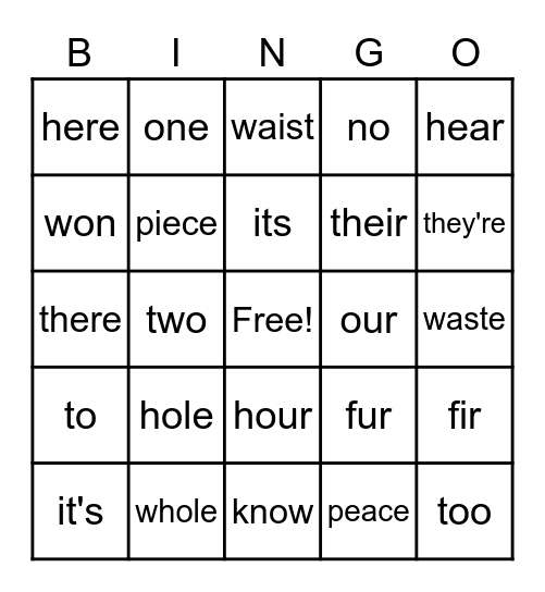 Homophones Bingo Card