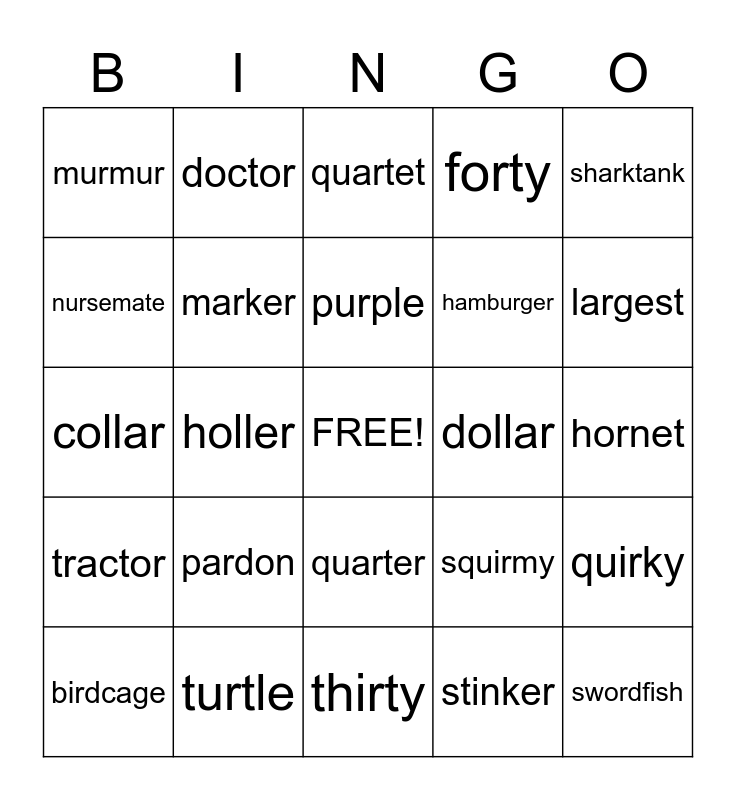 2 syllable r-controlled words Bingo Card