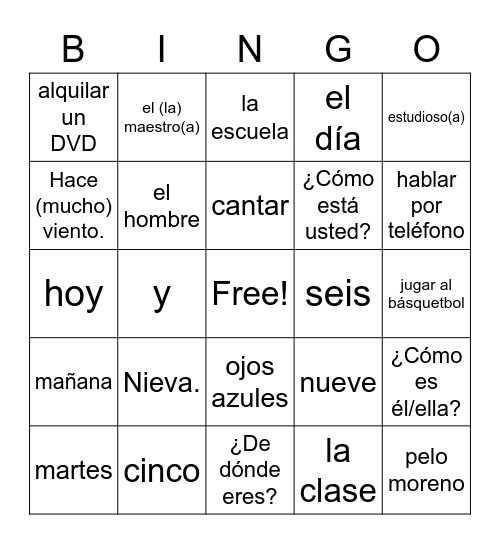 Spanish I First Semester Bingo Card
