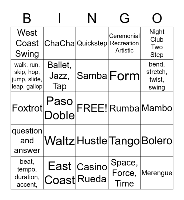 Ballroom & Elements of Dance Bingo Card