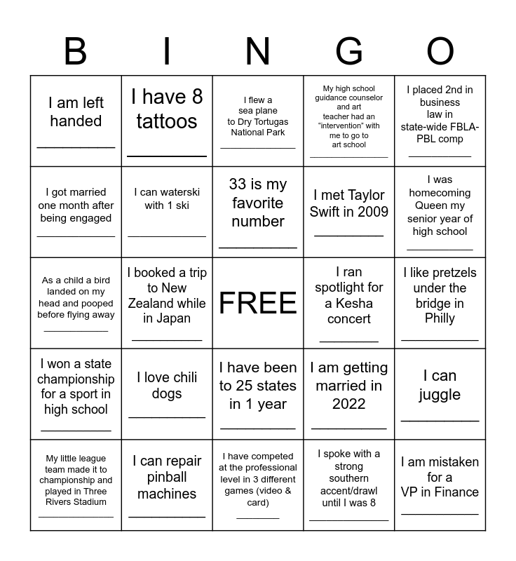 NMP Team Fun Facts Bingo Card