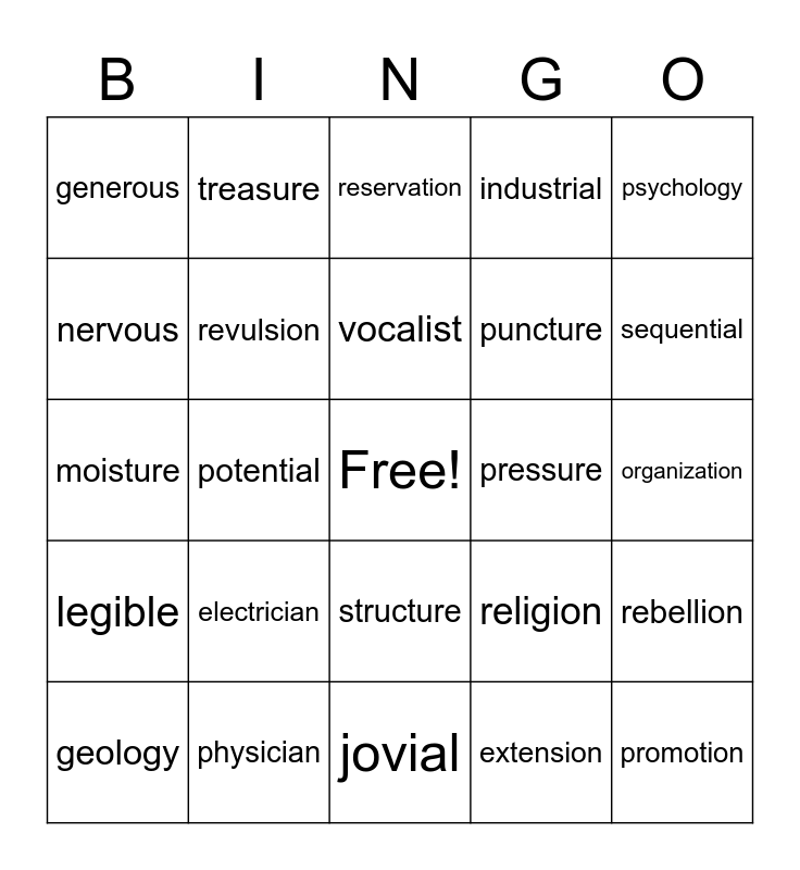 Suffix Bingo Card