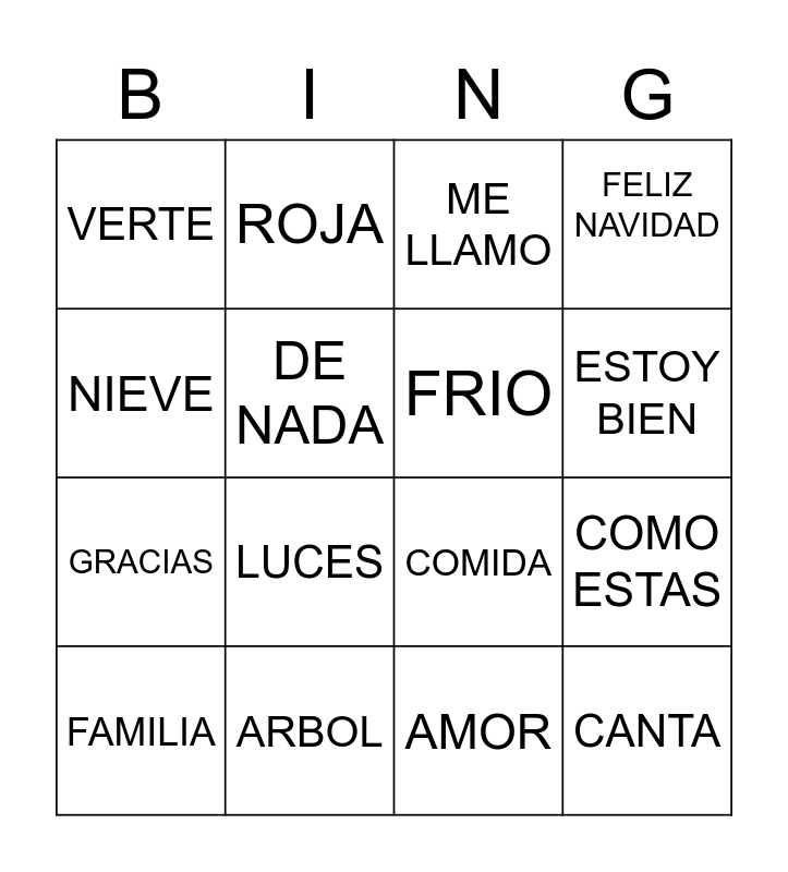 Feliz Navidad Bingo Card