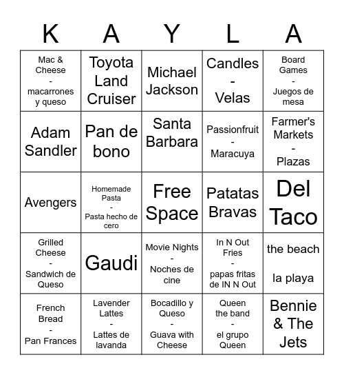 Kayla's 25th Birthday Bingo Card