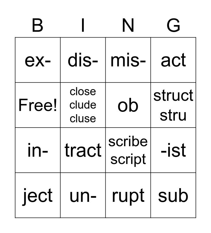 Morphology Review Bingo Card