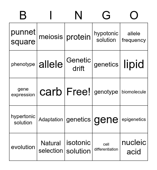 Biology 1 H Bingo Card