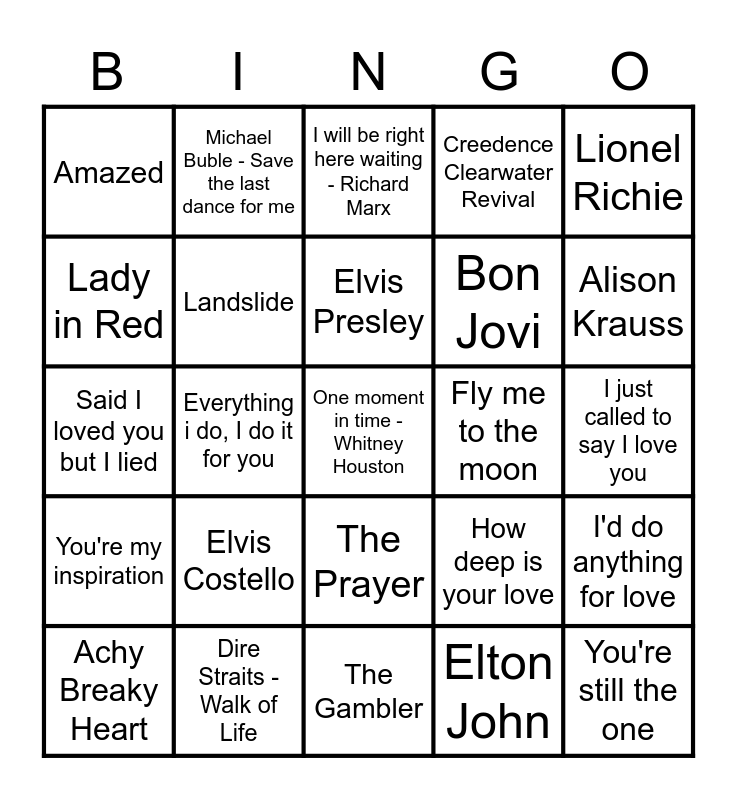 Music Quiz Bingo Card