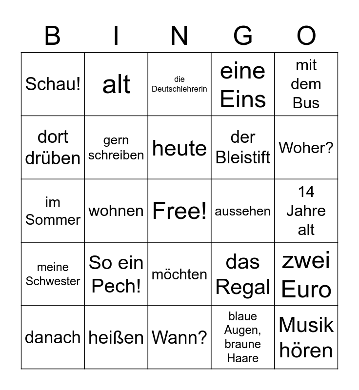 DI Midterm Speaking Test Bingo Card