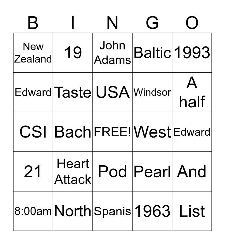 Trivia Bingo Card