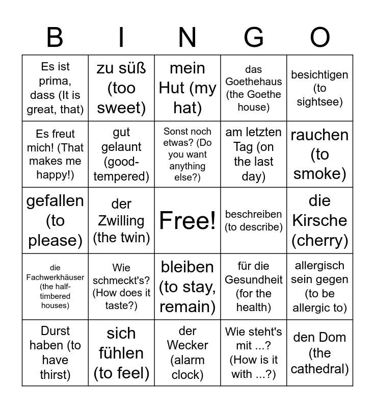 DII Midterm Speaking Test Bingo Card