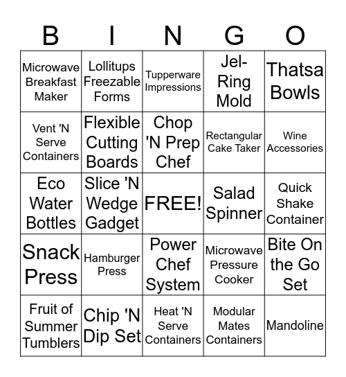 Tupperware Bingo Card