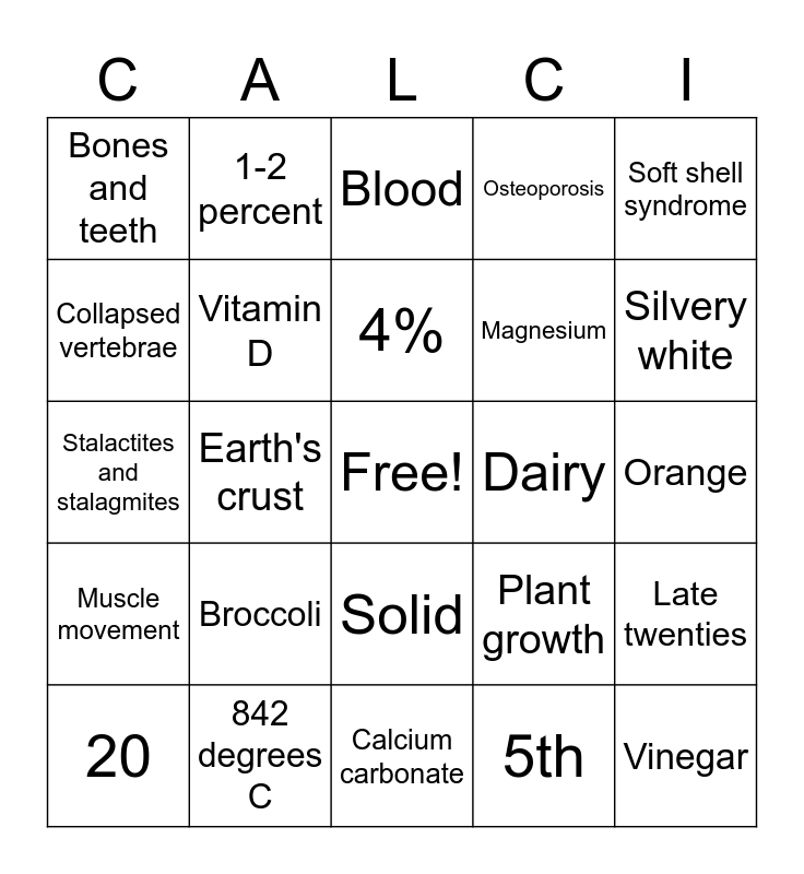 Calcium Bingo Card