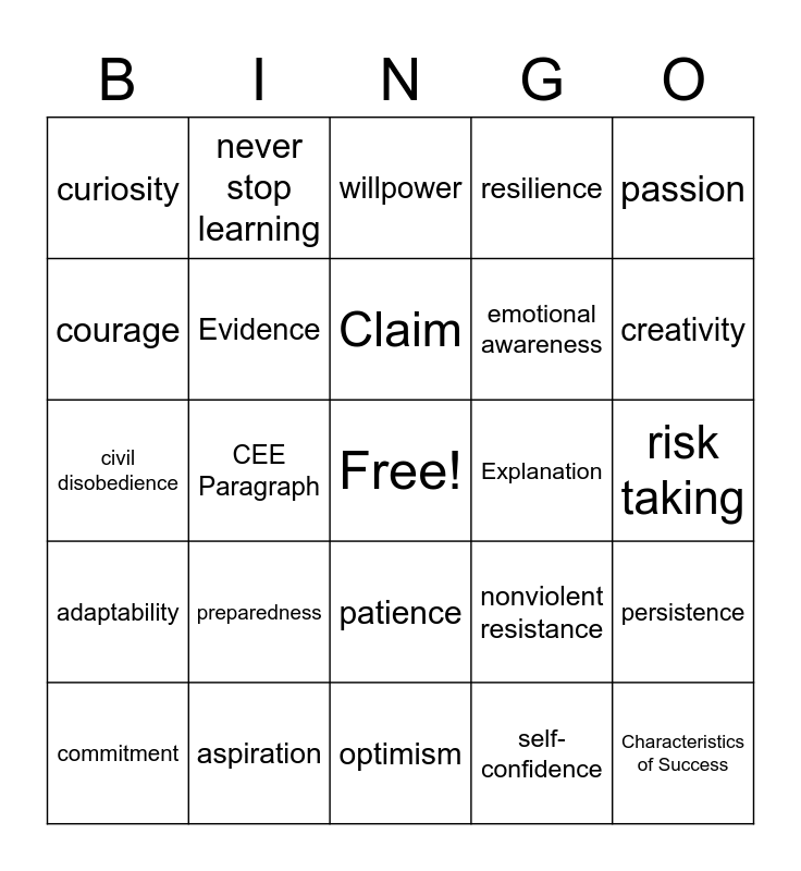 Characteristics of Success & CEE Paragraph Bingo Card