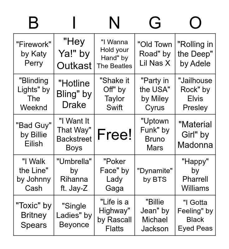 Pop Music Bingo Card