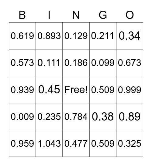 Adding + Subtracting Decimals Bingo Card