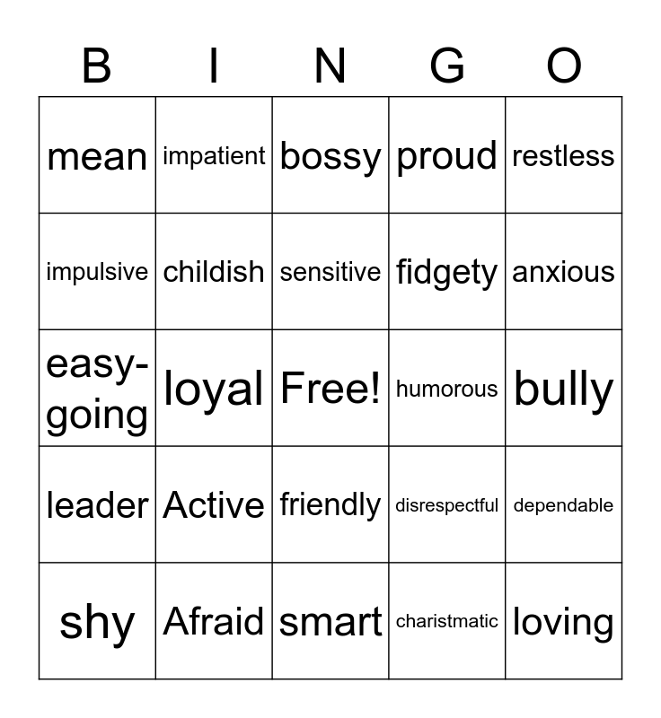 Character trait Bingo Card