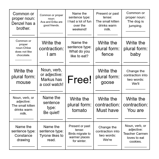 Level 4 English Review Bingo Card