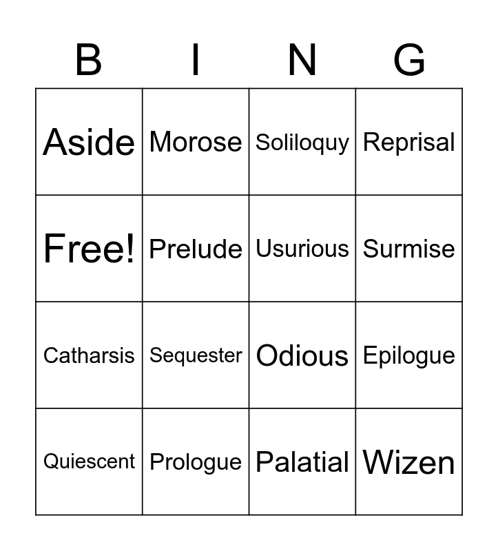 Hon Hum Vocabulary # 14 Bingo Card