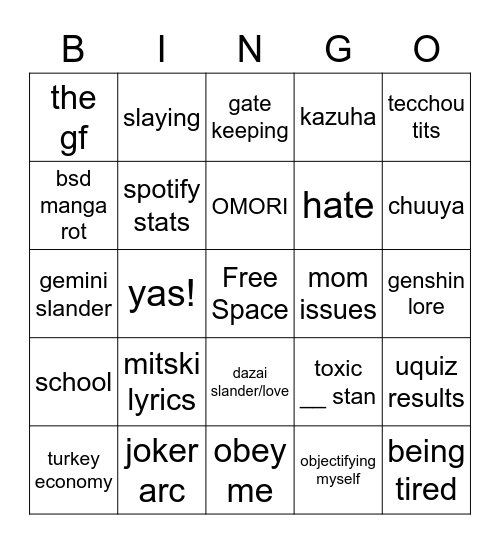 kazuhasfan twitter bingo (december edition) Bingo Card