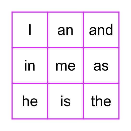 Common Word Bingo Card