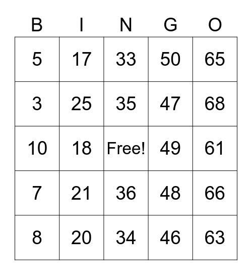 Number Bingo 1-71 Bingo Card