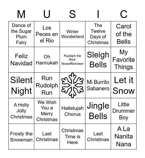Holiday Music Bingo Card