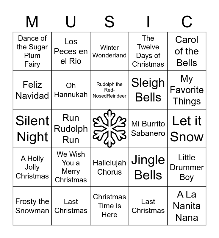 Holiday Music Bingo Card