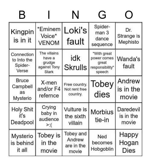Spider-Man No Way Bingo Card