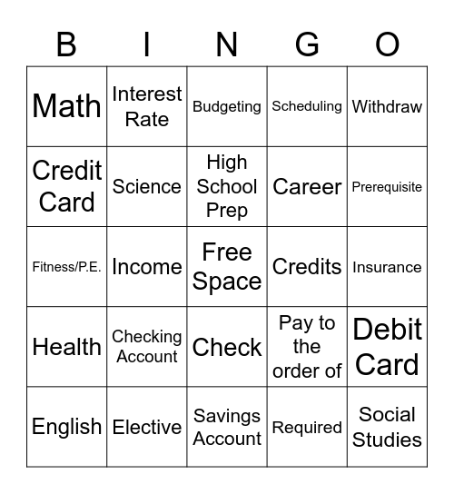 High School Prep Bingo Card