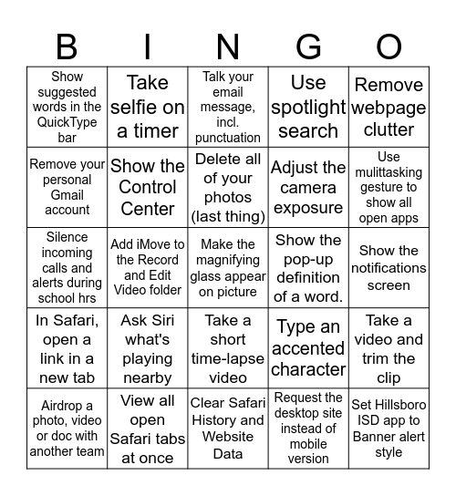 iPad Tips Bingo Card