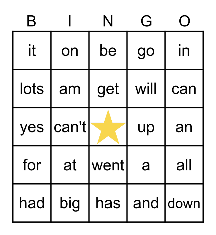 Power Words Bingo Card