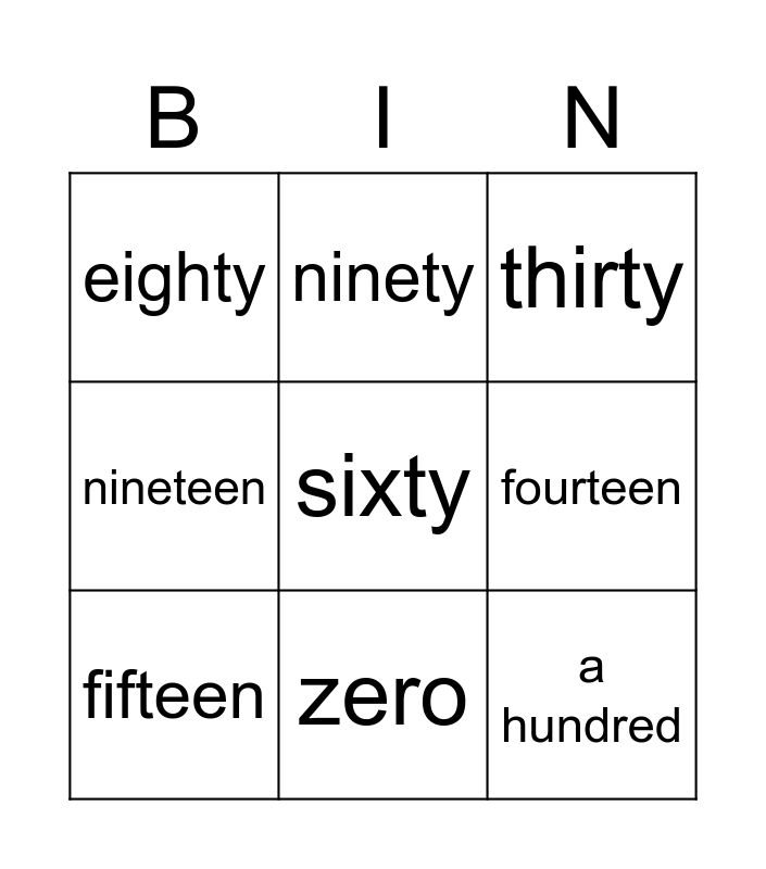 Numbers tens and teens Bingo Card