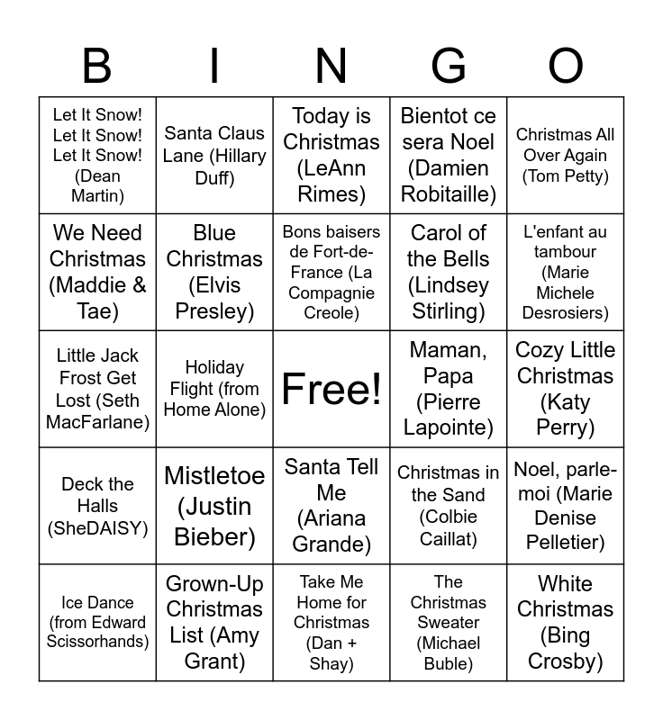 Christmas Music Bingo #1 Bingo Card