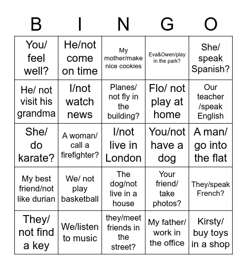 Present Simple +/- Bingo Card