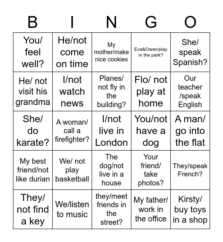 Present Simple +/- Bingo Card