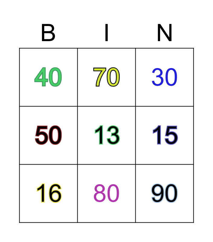 Teens and Tens Bingo Card