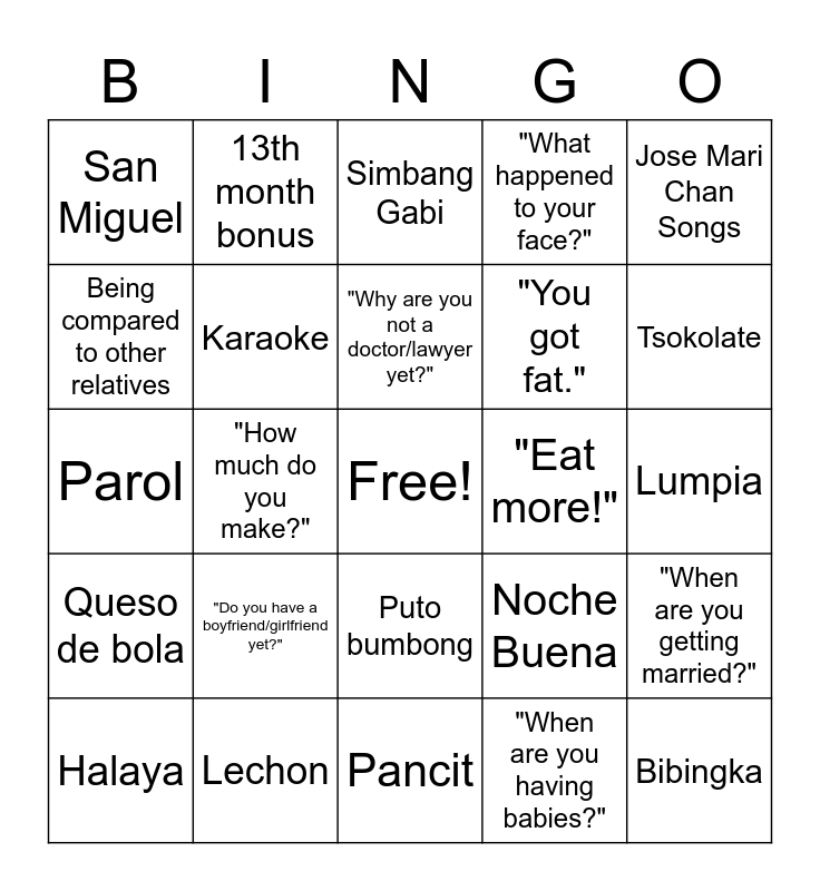 Christmas Bingo: Filipino Style! Bingo Card